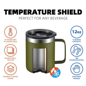 ALOUFEA 12oz Stainless Steel Insulated Coffee Mug with Handle, Double Wall Vacuum Travel Mug, Tumbler Cup with Sliding Lid, Army Green