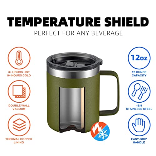 ALOUFEA 12oz Stainless Steel Insulated Coffee Mug with Handle, Double Wall Vacuum Travel Mug, Tumbler Cup with Sliding Lid, Army Green