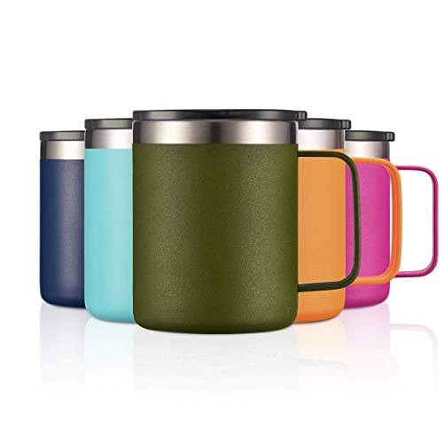 ALOUFEA 12oz Stainless Steel Insulated Coffee Mug with Handle, Double Wall Vacuum Travel Mug, Tumbler Cup with Sliding Lid, Army Green