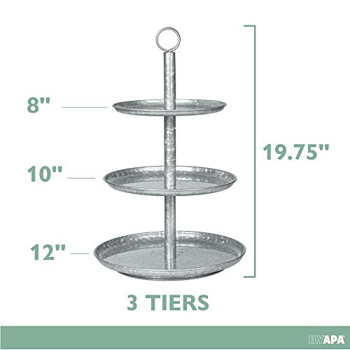 Ilyapa 3 Tier Tray, Galvanized Tray, Three Tier Serving Tray, 3 Tier Serving Stand, Farmhouse Tiered Metal Platter for Cake, Cupcake Tower, Dessert, Appetizers & More