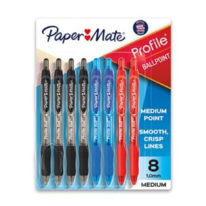 paper mate ballpoint pen, profile retractable pen, medium point (1.0mm), assorted, 8 count