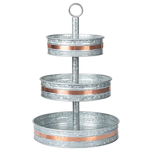 Ilyapa Galvanized Three Tier Serving Tray, Metal Three Tiered Tray Platter, 3 Tier Stand with Copper Trim, 3 Tiered Serving Stand for Cake, Cupcakes, Dessert, Appetizers & More