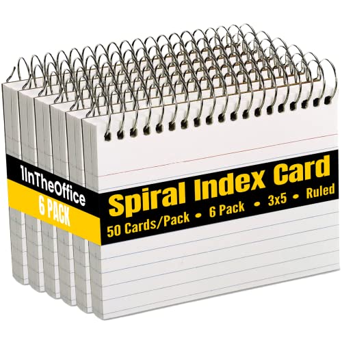 1InTheOffice Spiral Index Cards 3x5 Ruled, Notecard Spiral Bound, Ruled Index Cards Spiral Bound, Spiral Bound Index Cards 50 Cards/Pack, 6 Packs