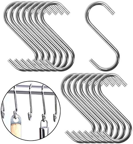 HongWay 15 Pack 2.75" S Hooks for Hanging, Stainless Steel Metal Heavy Duty S Hooks for Kitchen Pan-Pot, Outdoor Hanging Plants, Wardrobe, Bathroom, Bedroom, and Office