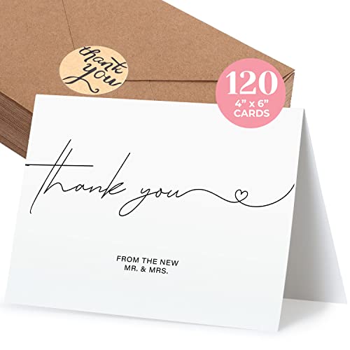 120 Blank Wedding Thank You Cards - Personalized Greetings, Gratitude Letter & Wedding Thank You Cards From The New Mr and Mrs - Wedding Thank You Notes with Kraft Envelopes & Stickers - 4x6", 120 Pack