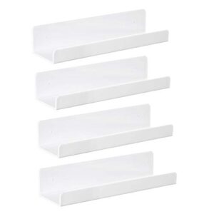 ieek 15 inch white acrylic floating wall ledge shelf,wall mounted nursery kids bookshelf,5mm thick home/office/bathroom storage shelves display organizer,set of 4