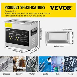 VEVOR 3L Upgraded Ultrasonic Cleaner (200W Heater,120W Ultrasonic) Professional Digital Lab Ultrasonic Parts Cleaner with Heater Timer for Jewelry Glasses Parts Cleaning