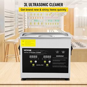 VEVOR 3L Upgraded Ultrasonic Cleaner (200W Heater,120W Ultrasonic) Professional Digital Lab Ultrasonic Parts Cleaner with Heater Timer for Jewelry Glasses Parts Cleaning