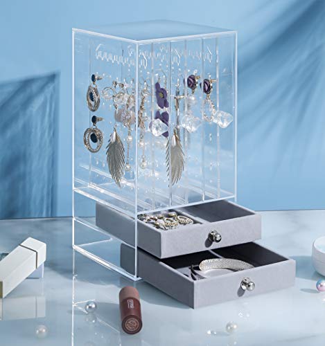 Sooyee Acrylic Earring Holder and Jewelry Organizer with 5 Drawers,Dustproof Jewelry Stand Rack Display Classic for Necklaces Bracelet Earrings and Ring,Clear