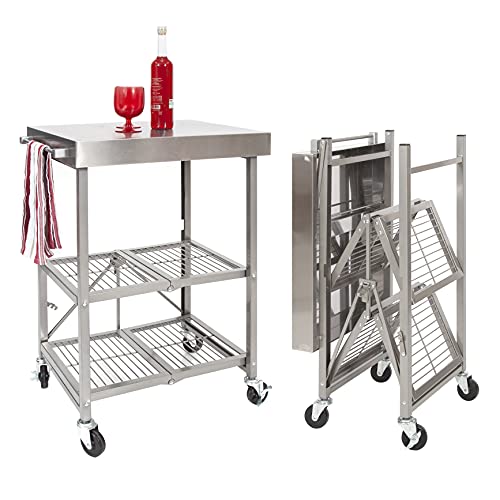 Origami Stainless Steel Cart on Wheels, 3-Tier Foldable Rolling Cart Made of Commercial-Grade Metal - Stainless Steel Design for Chefs Outdoor Food Prep Folding Kitchen Cart