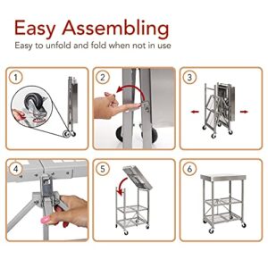 Origami Stainless Steel Cart on Wheels, 3-Tier Foldable Rolling Cart Made of Commercial-Grade Metal - Stainless Steel Design for Chefs Outdoor Food Prep Folding Kitchen Cart