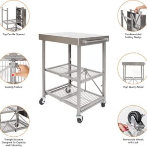 Origami Stainless Steel Cart on Wheels, 3-Tier Foldable Rolling Cart Made of Commercial-Grade Metal - Stainless Steel Design for Chefs Outdoor Food Prep Folding Kitchen Cart