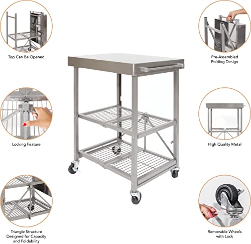 Origami Stainless Steel Cart on Wheels, 3-Tier Foldable Rolling Cart Made of Commercial-Grade Metal - Stainless Steel Design for Chefs Outdoor Food Prep Folding Kitchen Cart