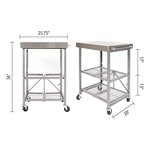 Origami Stainless Steel Cart on Wheels, 3-Tier Foldable Rolling Cart Made of Commercial-Grade Metal - Stainless Steel Design for Chefs Outdoor Food Prep Folding Kitchen Cart