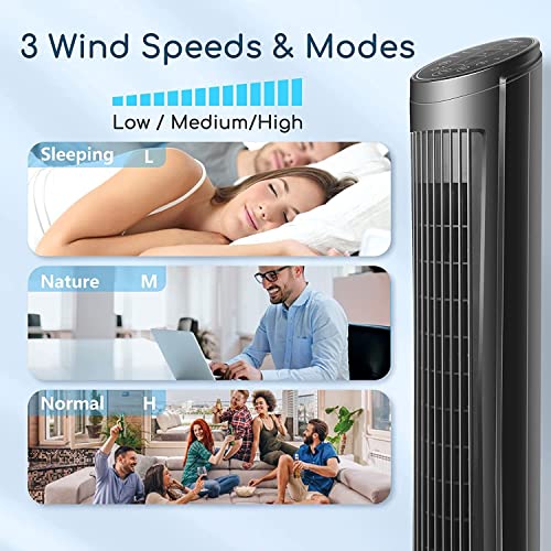 Tower Fan, 40“ Oscillating Tower Fan with Remote Control, Electric Quiet Cooling Bladeless Fan 3 Wind Modes & Speeds, 7.5H Timer, Standing Floor Fan Portable for Home Bedroom Office, Black, Windy