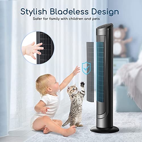 Tower Fan, 40“ Oscillating Tower Fan with Remote Control, Electric Quiet Cooling Bladeless Fan 3 Wind Modes & Speeds, 7.5H Timer, Standing Floor Fan Portable for Home Bedroom Office, Black, Windy