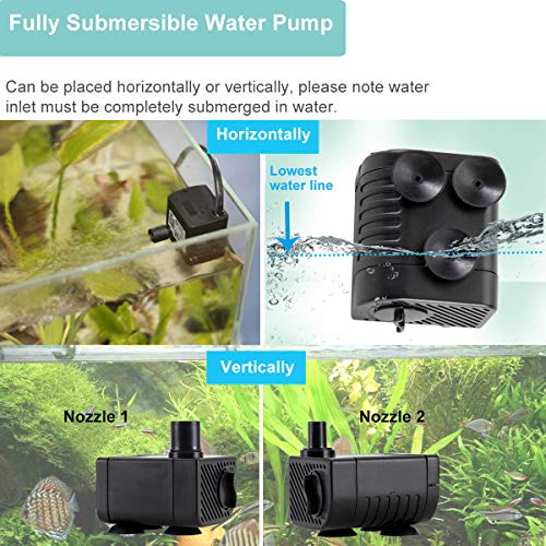 Hygger Ultra Quiet 53GPH (200L/H, 3W) Submersible Mini Water Pump Comes with 2 Nozzles, for Aquariums, Fish Tank, Fountain, Max Lift Height 1.7ft ,120V/60HZ, Power Cord 6ft