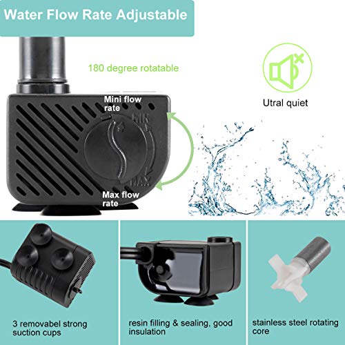 Hygger Ultra Quiet 53GPH (200L/H, 3W) Submersible Mini Water Pump Comes with 2 Nozzles, for Aquariums, Fish Tank, Fountain, Max Lift Height 1.7ft ,120V/60HZ, Power Cord 6ft