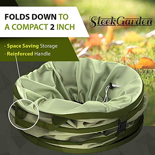 Collapsible -45 Gallon Canvas Garden Waste Bag -Pop-up Bucket Reusable Yard Leaf Bag Holder- Heavy Duty Hardshell Bottom – with Drain Holes for Lawn Pool Garden Camping Trash Debris Bag with Handles