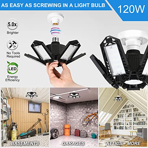 siicaaG 2 Pack LED Garage Lights, 12000LM Ultra Bright 120W LED Deformable Garage Ceiling Lights, with E26 Screw Socket, 5 Adjustable Panels 6500K Shop Light, Barn Light, Bay Light, Workshop Light