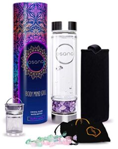 osana crystal water bottle with 3 changeable healing crystals – amethyst, rose quartz, green fluorite – loose leaf tea bottle – gem elixir infused glass water bottle - 16.9 oz