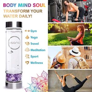 OSANA Crystal Water Bottle with 3 Changeable Healing Crystals – Amethyst, Rose Quartz, Green Fluorite – Loose Leaf Tea Bottle – Gem Elixir Infused Glass Water Bottle - 16.9 oz