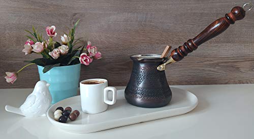 DEDE Copper - PCZ Series (Large-14fl.oz) - Thickest Solid Copper Engraved/Hammered Turkish Greek Arabic Coffee Pot with Wooden Handle, Stovetop Coffee Maker Cezve Jezve Jazva Ibrik Briki (Antique)