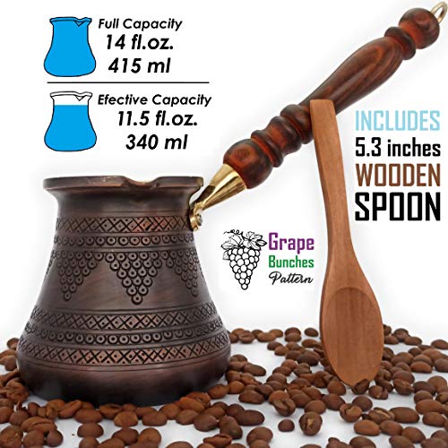 DEDE Copper - PCZ Series (Large-14fl.oz) - Thickest Solid Copper Engraved/Hammered Turkish Greek Arabic Coffee Pot with Wooden Handle, Stovetop Coffee Maker Cezve Jezve Jazva Ibrik Briki (Antique)