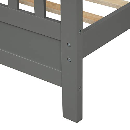 JULYFOX Grey Bed Frame Full 500lb Heavy Duty, Hard Wood Platform Bed with Headboard Slatted Footboard No Box Spring Needed(Full, Gray)