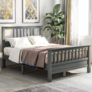 JULYFOX Grey Bed Frame Full 500lb Heavy Duty, Hard Wood Platform Bed with Headboard Slatted Footboard No Box Spring Needed(Full, Gray)