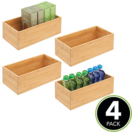 mDesign Bamboo Wood Organizer Storage Bin Box for Kitchen, Pantry, and Drawer Organization; Holder for Snacks, Juice Boxes, Utensils, Tea, Coffee - Echo Collection - 4 Pack - Natural