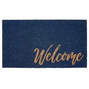 mdesign non-slip rectangular coir and rubber entryway welcome doormat with natural fibers for indoor or outdoor use - decorative script design - navy blue/natural/beige