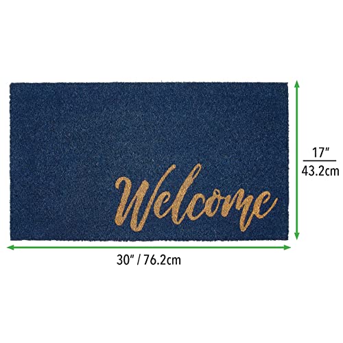 mDesign Non-Slip Rectangular Coir and Rubber Entryway Welcome Doormat with Natural Fibers for Indoor or Outdoor Use - Decorative Script Design - Navy Blue/Natural/Beige