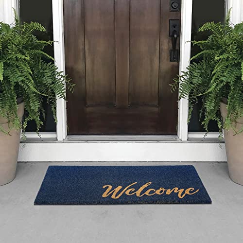 mDesign Non-Slip Rectangular Coir and Rubber Entryway Welcome Doormat with Natural Fibers for Indoor or Outdoor Use - Decorative Script Design - Navy Blue/Natural/Beige