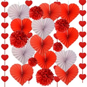 20pcs valentines day decorations set, valentines red heart paper fans, red hearts shaped felt garland banner, red paper pompoms valentines accessories for valentines anniversary wedding mother day