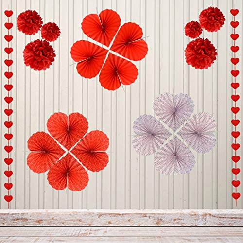 20pcs Valentines Day Decorations Set, Valentines Red Heart Paper Fans, Red Hearts Shaped Felt Garland Banner, Red Paper Pompoms Valentines Accessories for Valentines Anniversary Wedding Mother Day