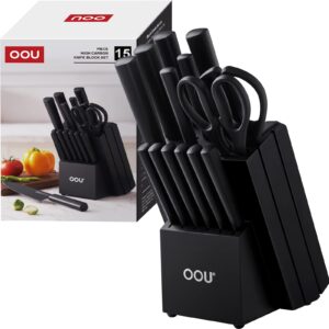 oou kitchen knife block set - 15 pieces high carbon stainless steel chef knife sets, anti-rust black knives set with built-in sharpener block, black