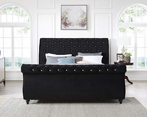 Roundhill Furniture Evora Velvet Upholstered Button Tufted, King, Black