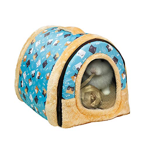 Rabbit Bed Tent Large Sleeping House Warm Fleece Hideout Foldable Cave Winter Hut for Rabbits Chinchillas Guinea Pigs Ferrets Hedgehogs Rats and Cats (Sky Blue)