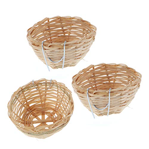 POPETPOP 3Pcs Natural Bamboo Handmade Bird Nest with Hook - Bird House for Resting Feeding Breeding - Bird Cage Accessories for Parakeets Parrots and Small Animals