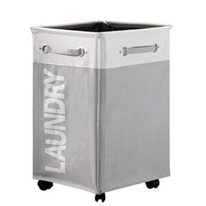 23" Wheeled Laundry Hamper Large Collapsible with Breathable Cover Heavy Duty Laundry Sorter Dirty Clothes Organizer Bin Waterproof Foldable Laundry Basket Rolling Extra Large Bag (White + Light Gray)