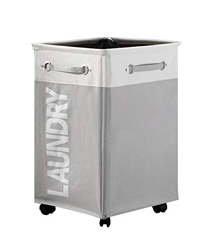 23" Wheeled Laundry Hamper Large Collapsible with Breathable Cover Heavy Duty Laundry Sorter Dirty Clothes Organizer Bin Waterproof Foldable Laundry Basket Rolling Extra Large Bag (White + Light Gray)