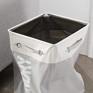 23" Wheeled Laundry Hamper Large Collapsible with Breathable Cover Heavy Duty Laundry Sorter Dirty Clothes Organizer Bin Waterproof Foldable Laundry Basket Rolling Extra Large Bag (White + Light Gray)