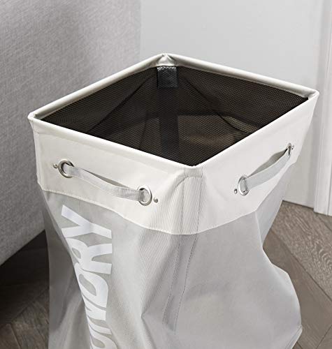 23" Wheeled Laundry Hamper Large Collapsible with Breathable Cover Heavy Duty Laundry Sorter Dirty Clothes Organizer Bin Waterproof Foldable Laundry Basket Rolling Extra Large Bag (White + Light Gray)