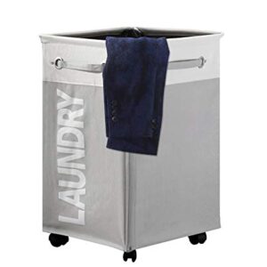 23" Wheeled Laundry Hamper Large Collapsible with Breathable Cover Heavy Duty Laundry Sorter Dirty Clothes Organizer Bin Waterproof Foldable Laundry Basket Rolling Extra Large Bag (White + Light Gray)