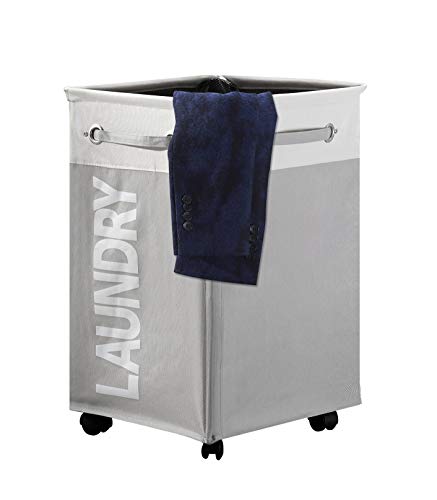 23" Wheeled Laundry Hamper Large Collapsible with Breathable Cover Heavy Duty Laundry Sorter Dirty Clothes Organizer Bin Waterproof Foldable Laundry Basket Rolling Extra Large Bag (White + Light Gray)