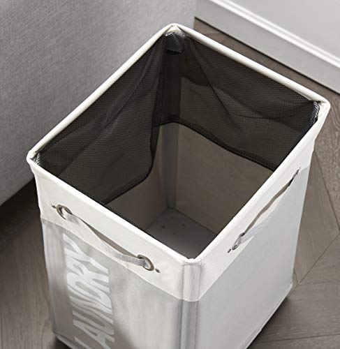 23" Wheeled Laundry Hamper Large Collapsible with Breathable Cover Heavy Duty Laundry Sorter Dirty Clothes Organizer Bin Waterproof Foldable Laundry Basket Rolling Extra Large Bag (White + Light Gray)