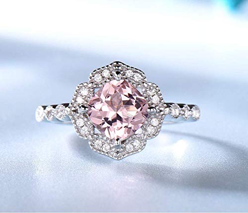 Bansriracha Solid Sterling Silver Cushion Morganite Rings for Women Engagement Anniversary Band Pink Gemstone Valentine's Gift (10)