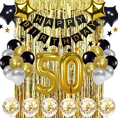 Black and Gold 50th Birthday Decorations Banner Balloon, Happy Birthday Banner, 50th Gold Foil Balloons, Number 50 Birthday Balloons, 50 Years Old Birthday Decoration Supplies