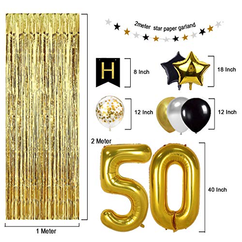 Black and Gold 50th Birthday Decorations Banner Balloon, Happy Birthday Banner, 50th Gold Foil Balloons, Number 50 Birthday Balloons, 50 Years Old Birthday Decoration Supplies